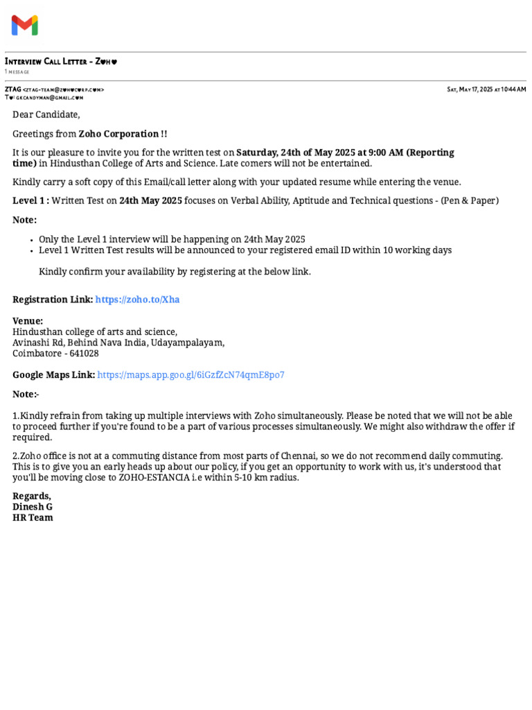 Gmail - Interview Call Letter - Zoho | PDF