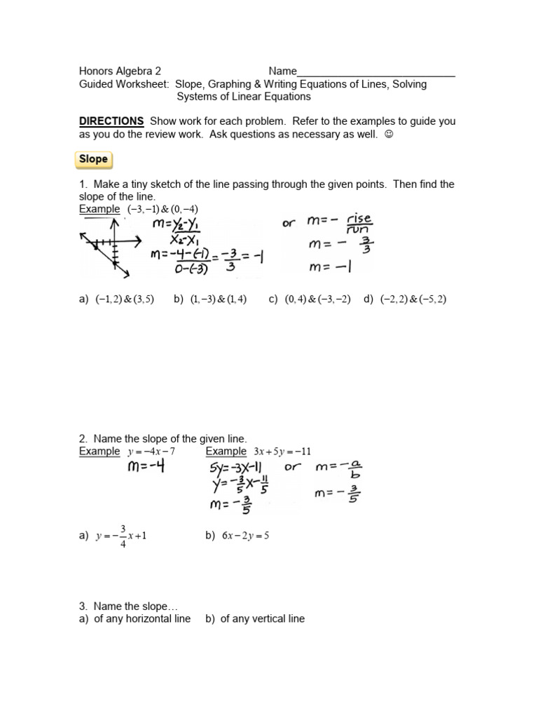 2023 Honors Algebra 2 Summerworksheeton LInes Systems | PDF | Slope ...