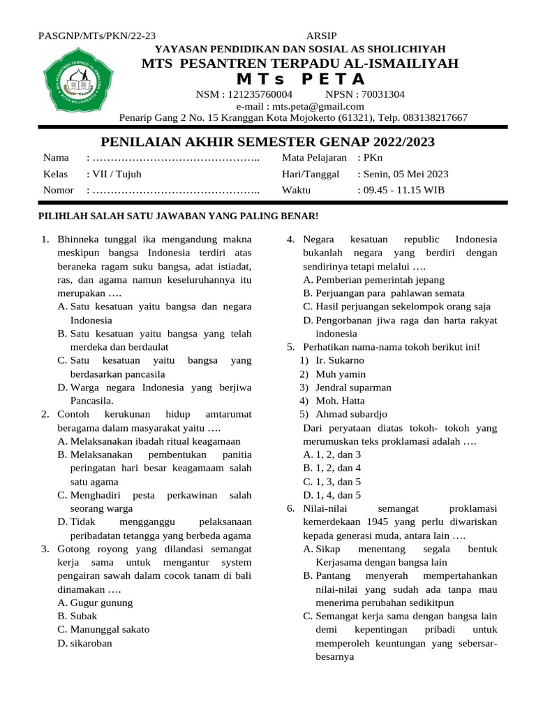 PAS PKN KELAS 7 SEMESTER GENAP | PDF