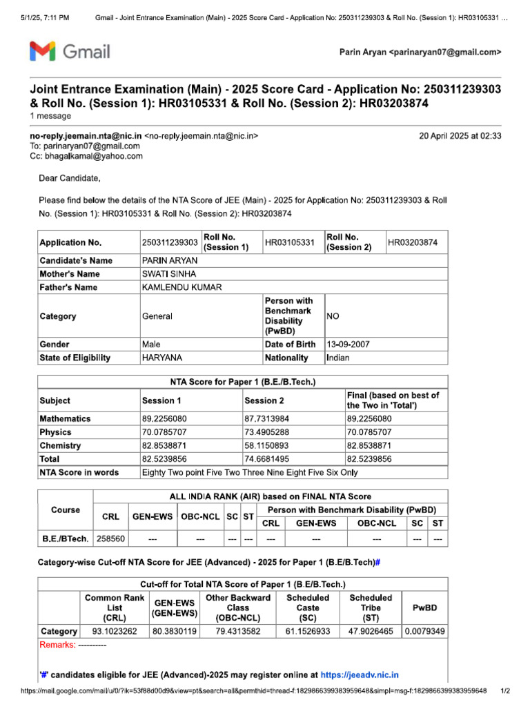 JEE MAINS SCORECARD - Compressed | PDF