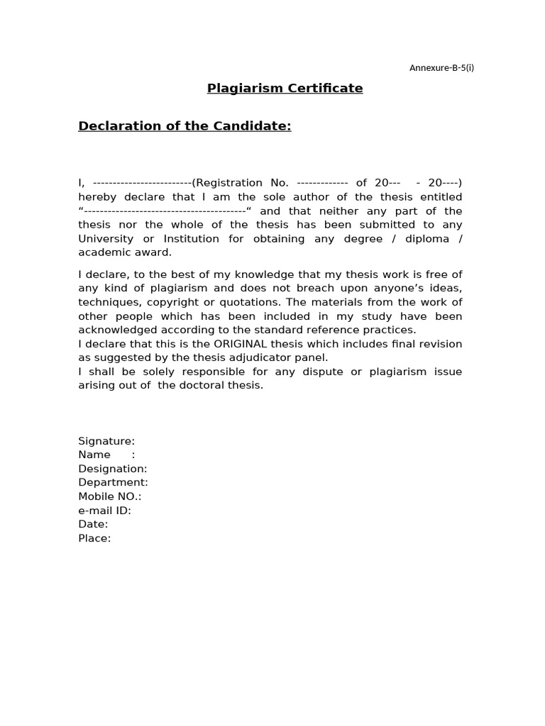 PhD Thesis Plagiarism Certificate Template | PDF | Thesis | Doctor Of ...