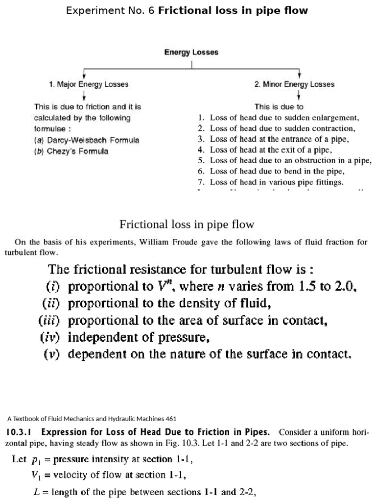 Fluid Mechanics Frictional Loss in Pipe Flow | PDF | Fluid Dynamics ...