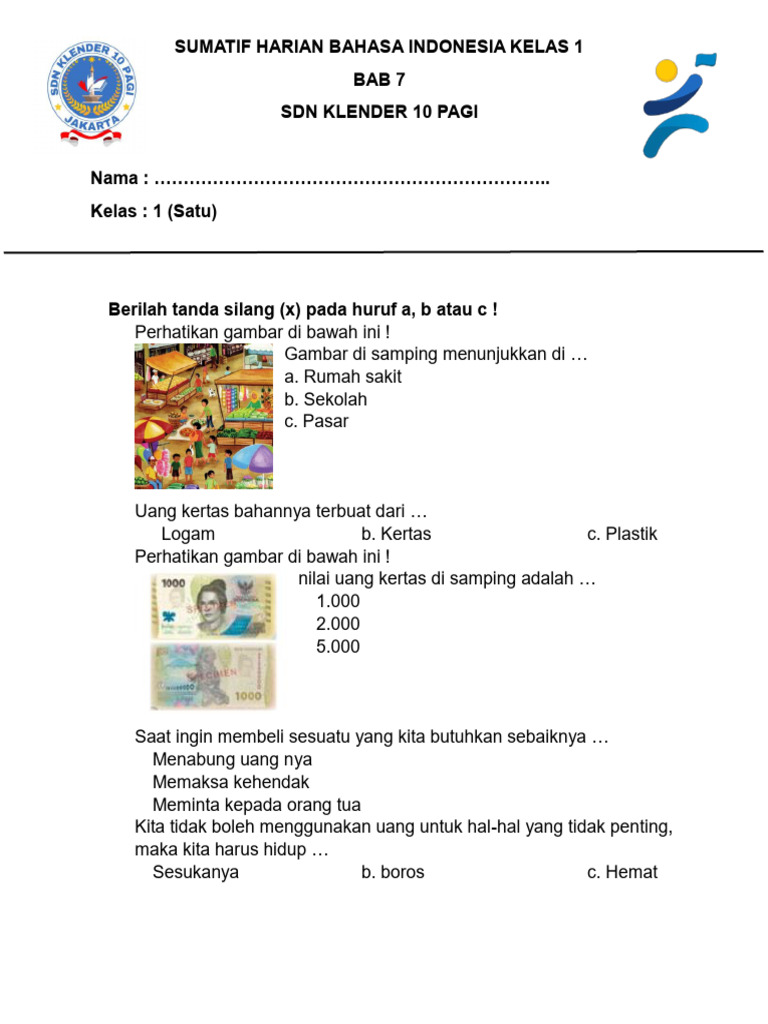 Sumatif Harian Bahasa Indonesia Kelas 1 Bab 7 | PDF