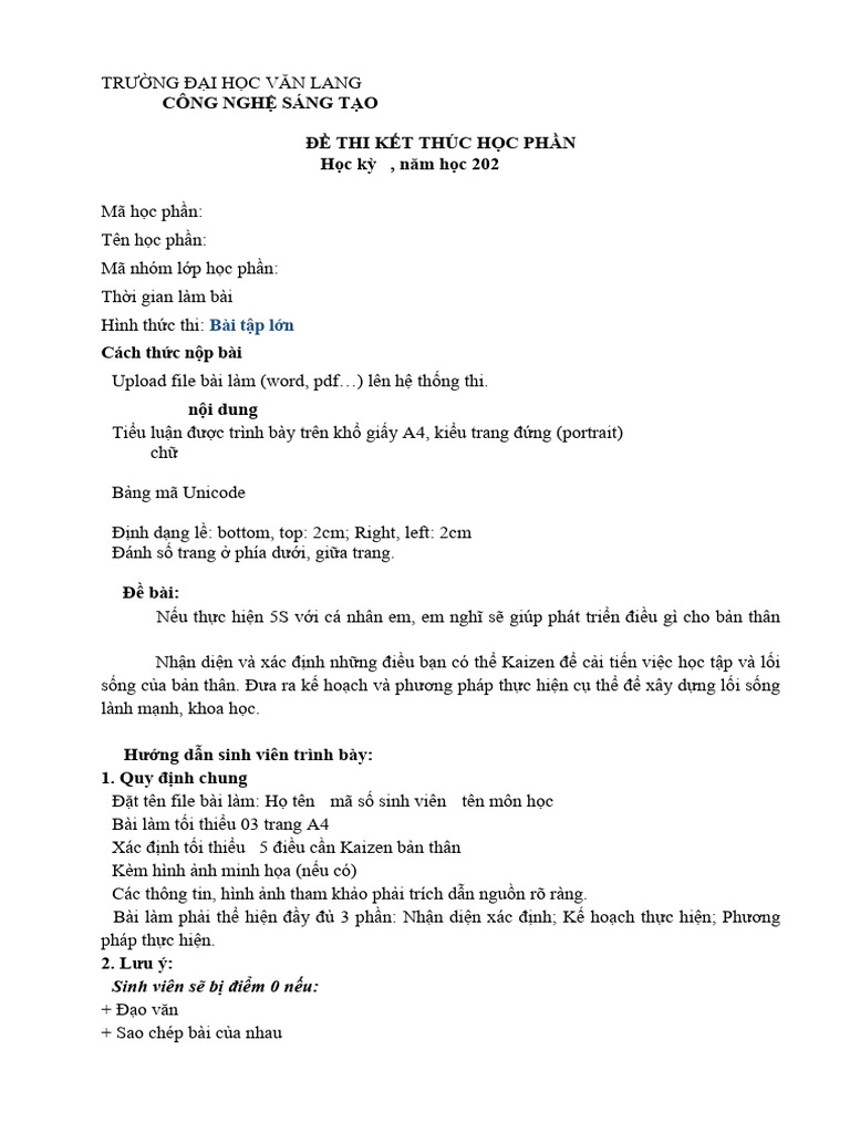 ĐỀ THI CUỐI KỲ HK231 - 5S KAIZEN - KCNST | PDF