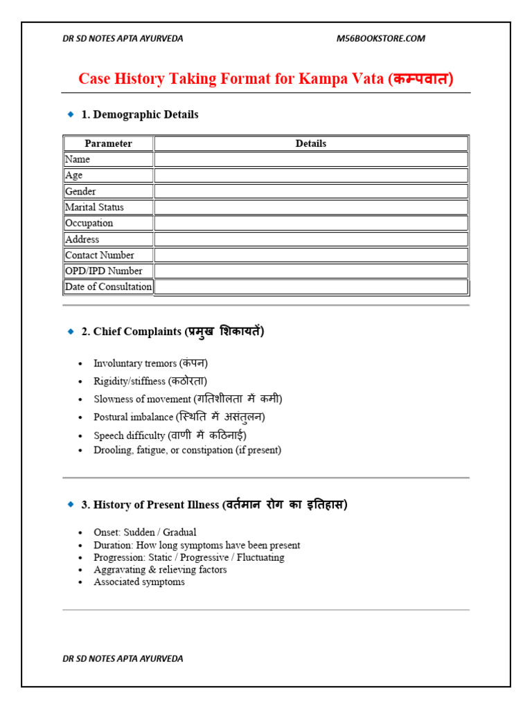 Case History Taking Format for Kampa Vata (कम्पवात) sample case added ...