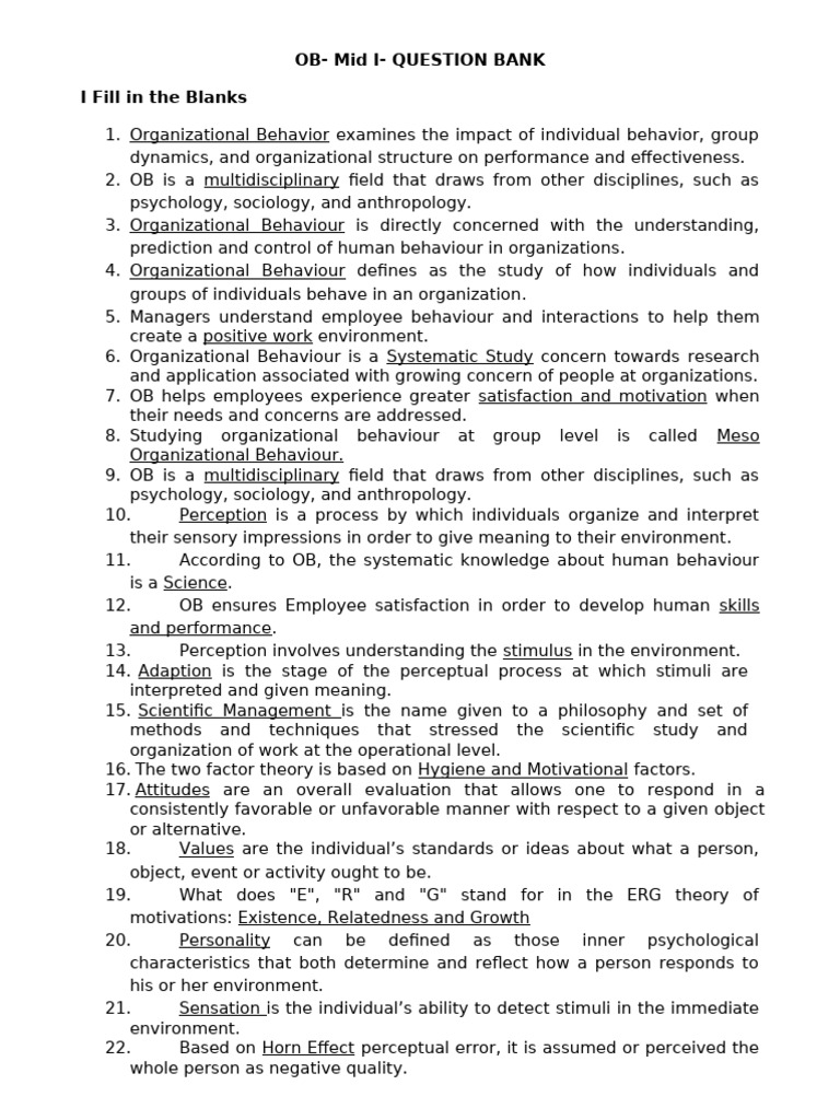 Student Copy - OB - Mid I - Question Bank | PDF | Attitude (Psychology) | Organizational Behavior