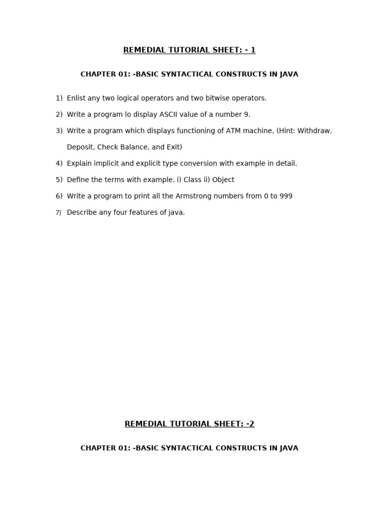 Remedial Tutorial Sheets Java | PDF | Class (Computer Programming) | Constructor (Object ...