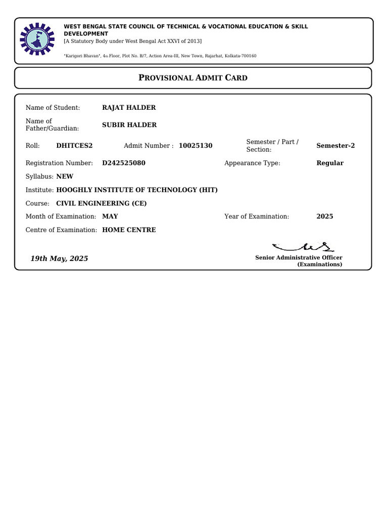 Provisional Admit Card for Civil Engineering | PDF
