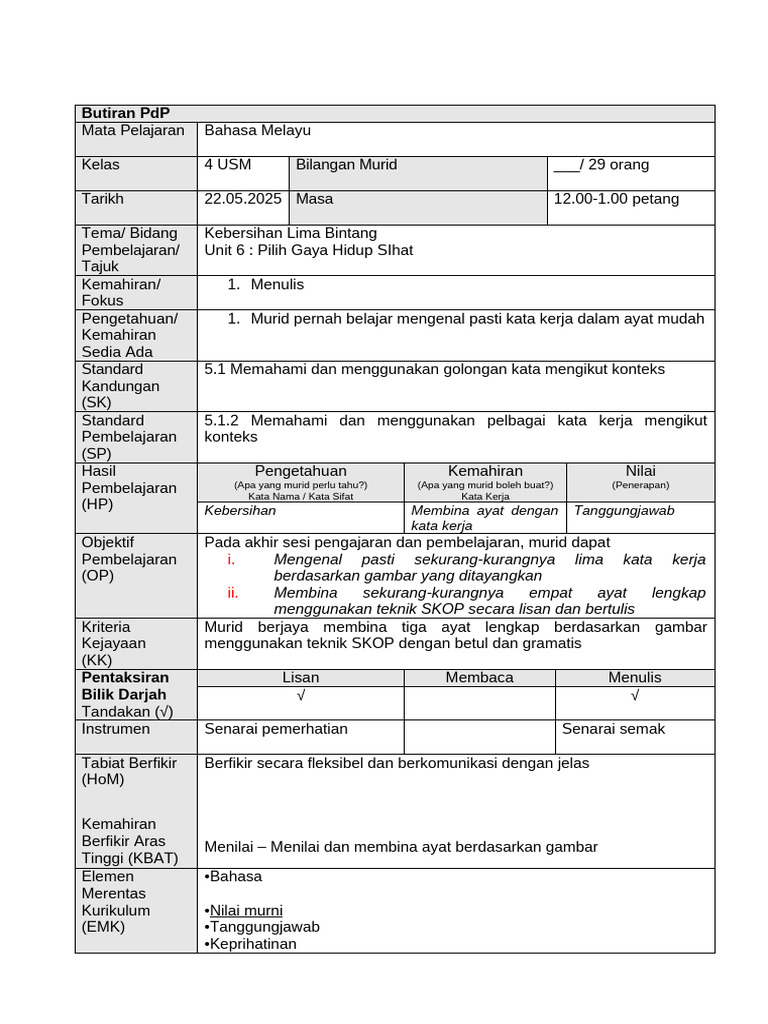 Templat - RPH Untuk Pelajar Major BM | PDF