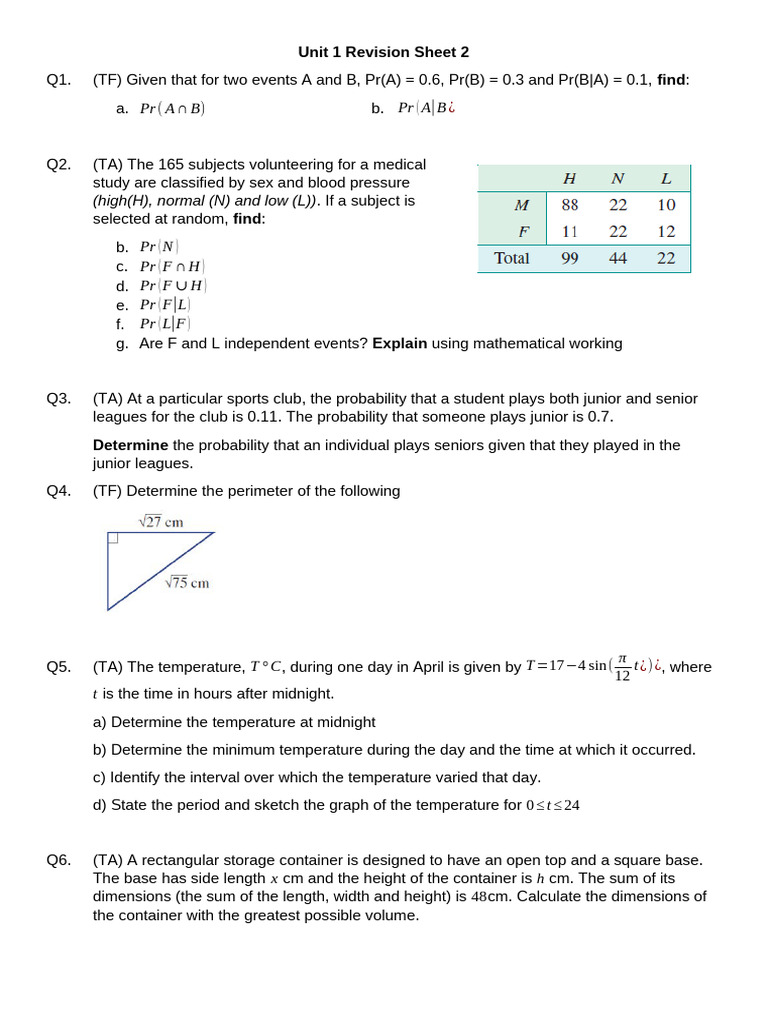 Unit 1 Revision Sheet 2 | PDF