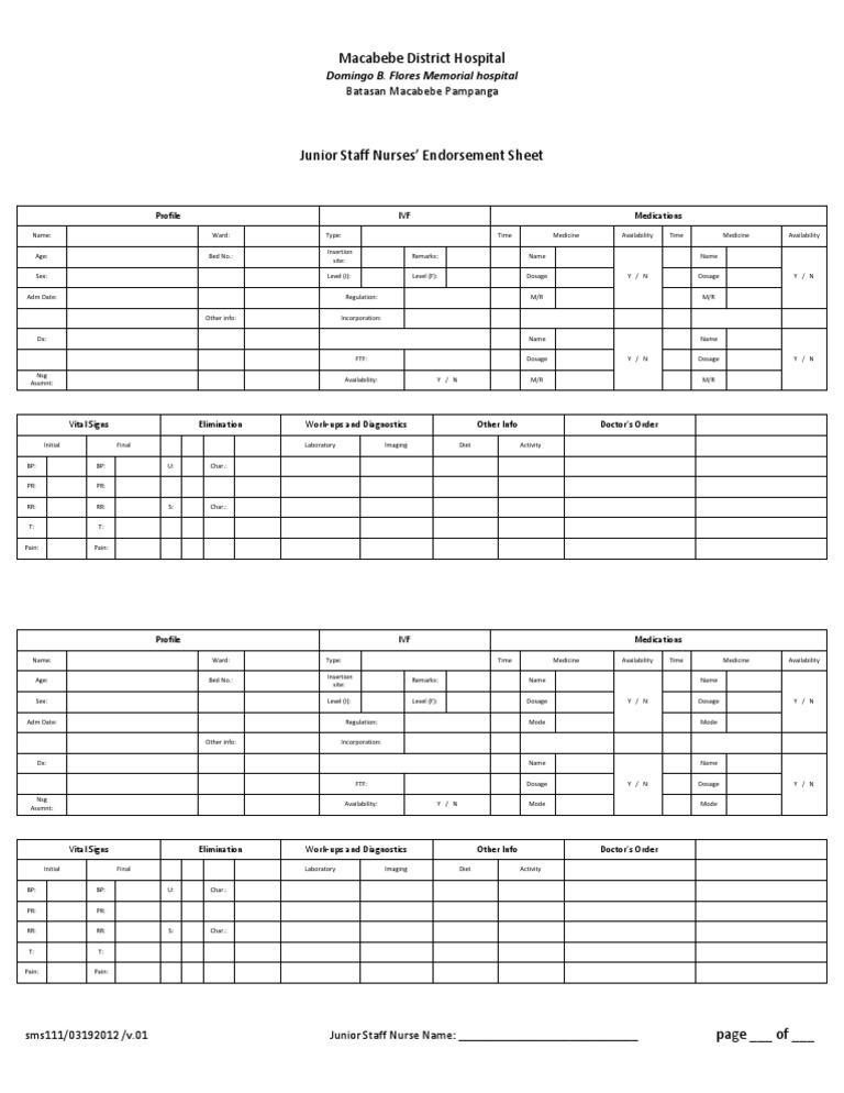 DBFMH - Junior Staff Nurse Endorsement Sheet
