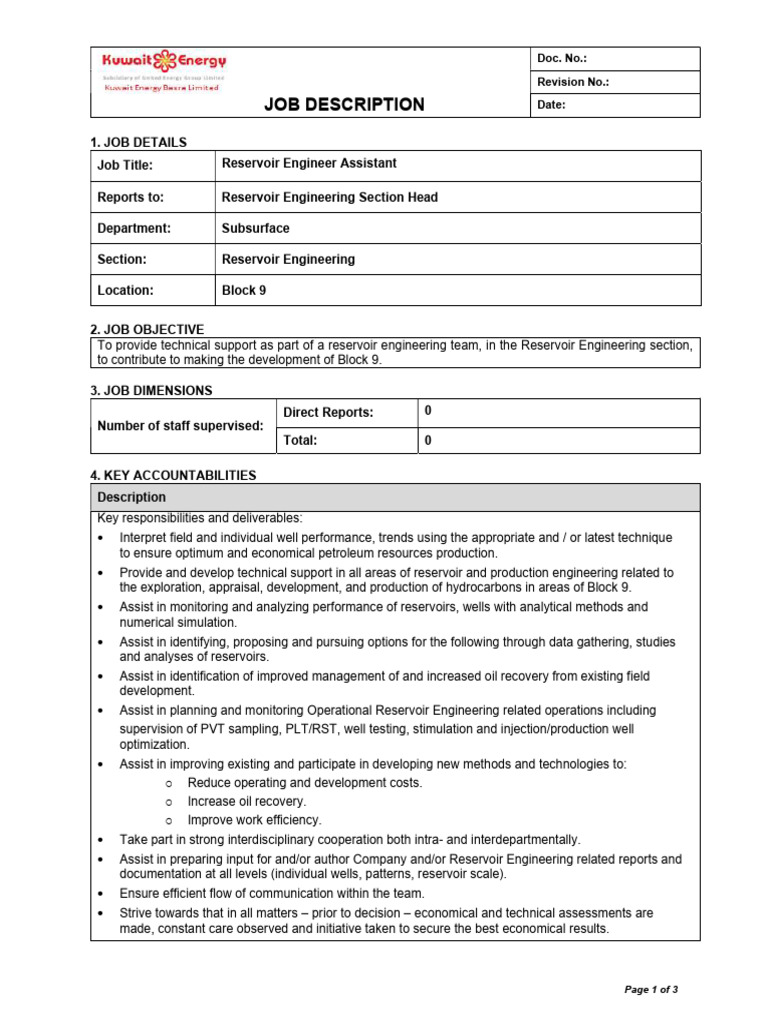 JD - Reservoir Engineer Assistant | PDF | Petroleum Reservoir | Engineering