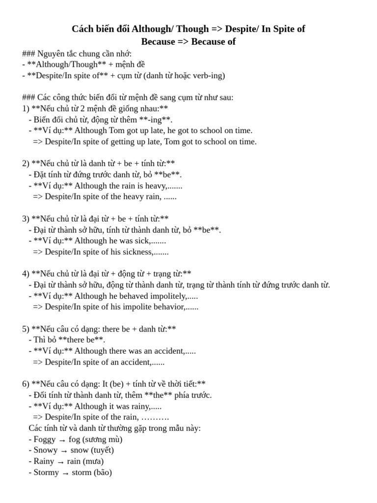 Cách biến đổi Although | PDF