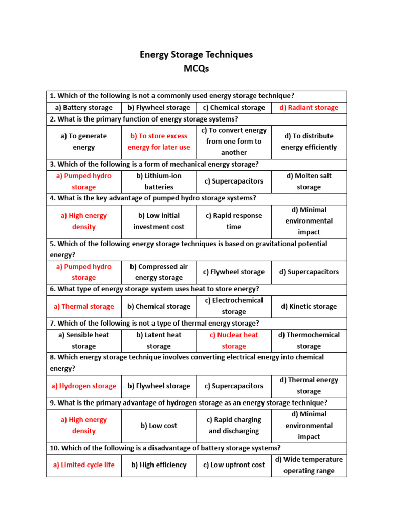 Energy Storage Techniques MCQs | PDF | Energy Storage | Physical Sciences