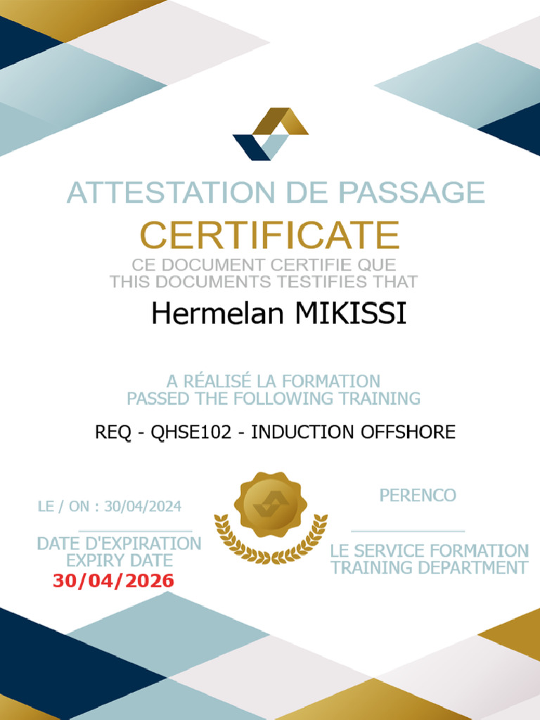 Certificate Induction Hermelan MIKISSI | PDF