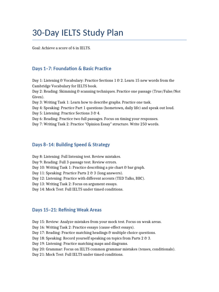 30 Day IELTS Study Plan | PDF