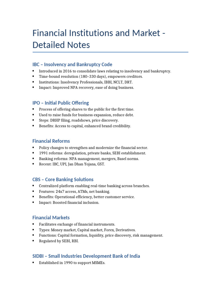Financial Institutions and Market Notes | PDF