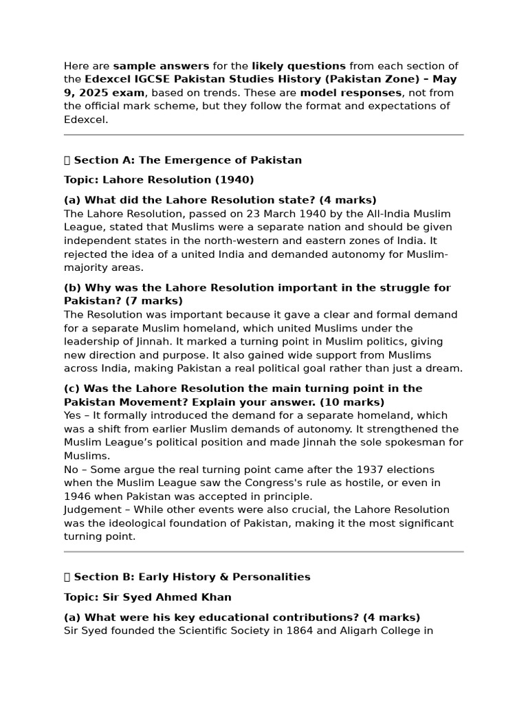 Here are sample answers for the likely questions from each section of ...