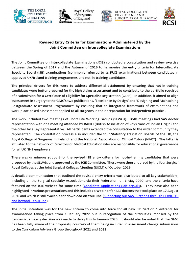 Joint JSCM & JCIE Statement On FRCS Examination Entry Criteria | PDF | Medicine | Health Care
