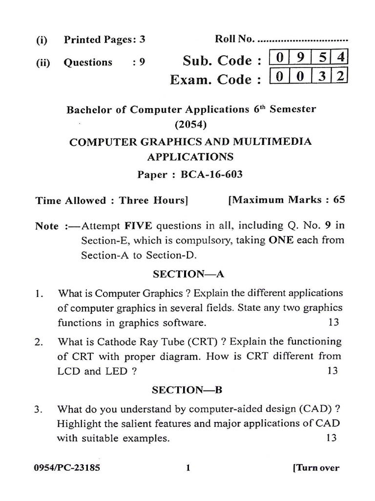 BCA - 6th Sem - BCA-16-603 - Computer Graphics and Multimedia Applications - May 2024 | PDF