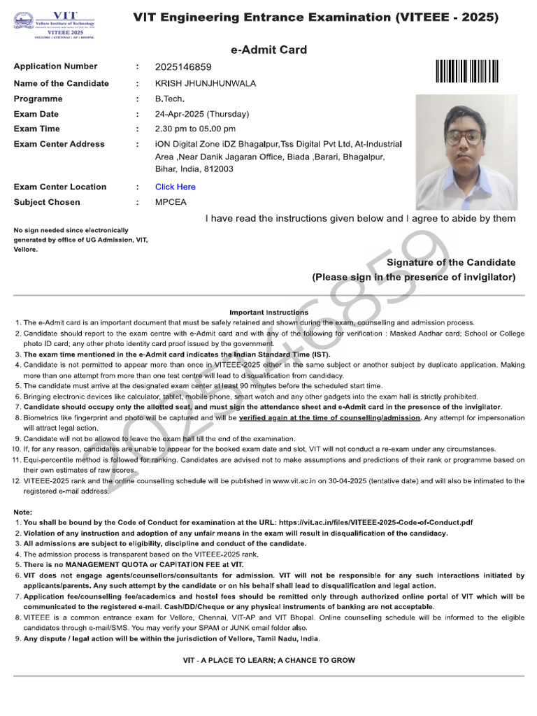 Admit Card Vit | PDF