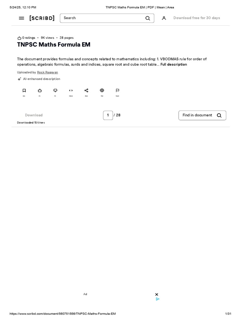 TNPSC Maths Formula EM - PDF - Mean - Area | PDF | Mathematics