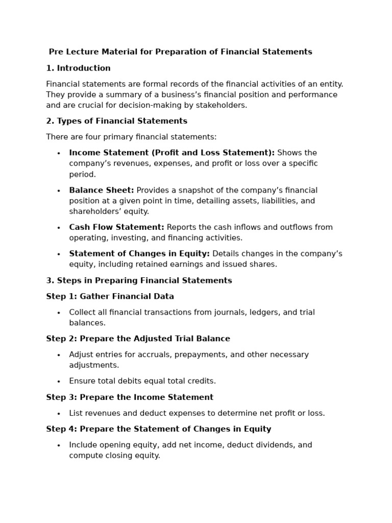 Pre Lecture Material For Preparation of Financial Statements | PDF ...