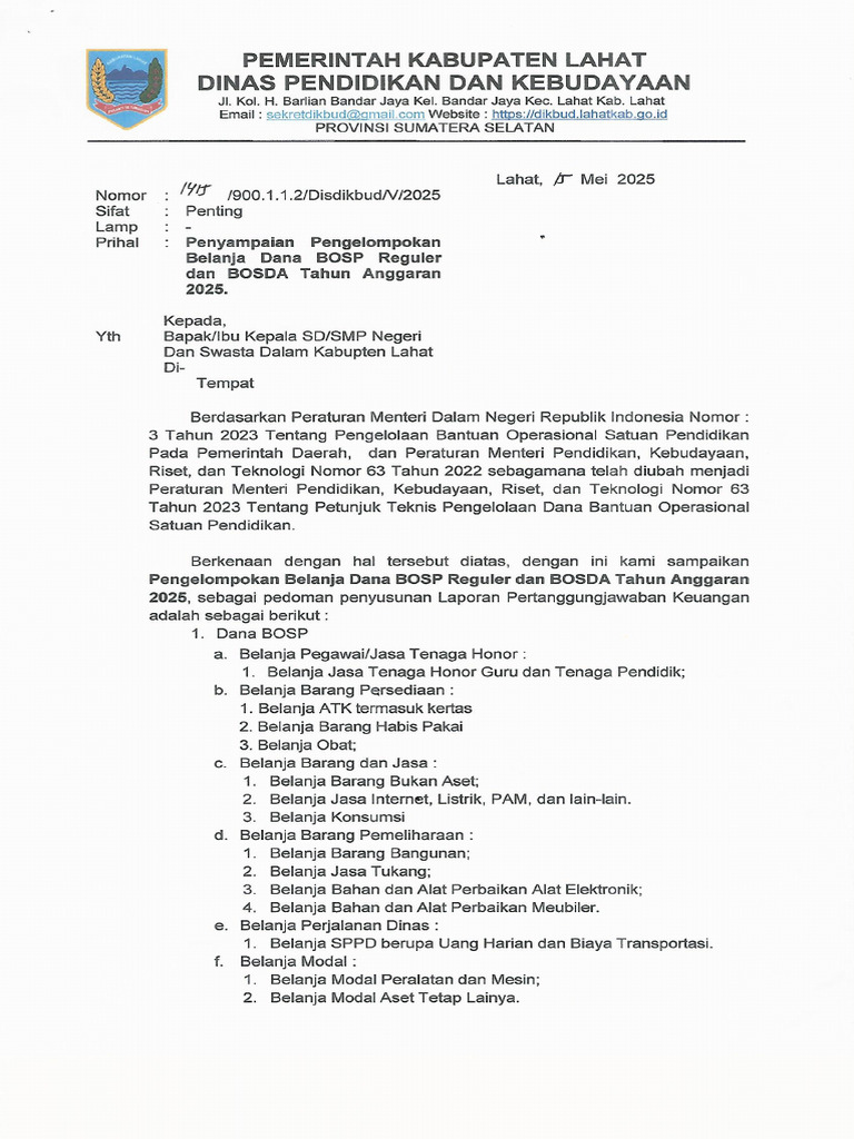 Surat Edaran Pengelompokan Belanja Dana Bosp Dan Bosda Tahun 2025 | PDF