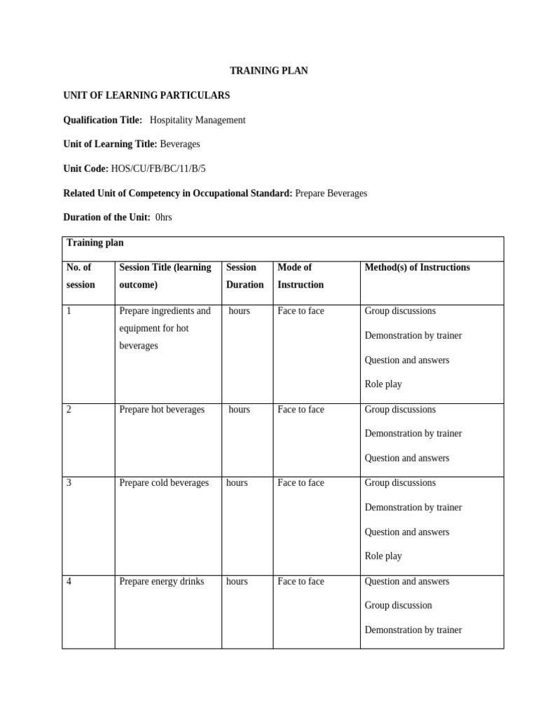 Food and Beverages Learning Plan For Level 4 Students. | PDF