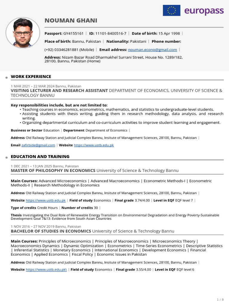 Nouman Ghani Europass CV | PDF | Communication | Economics