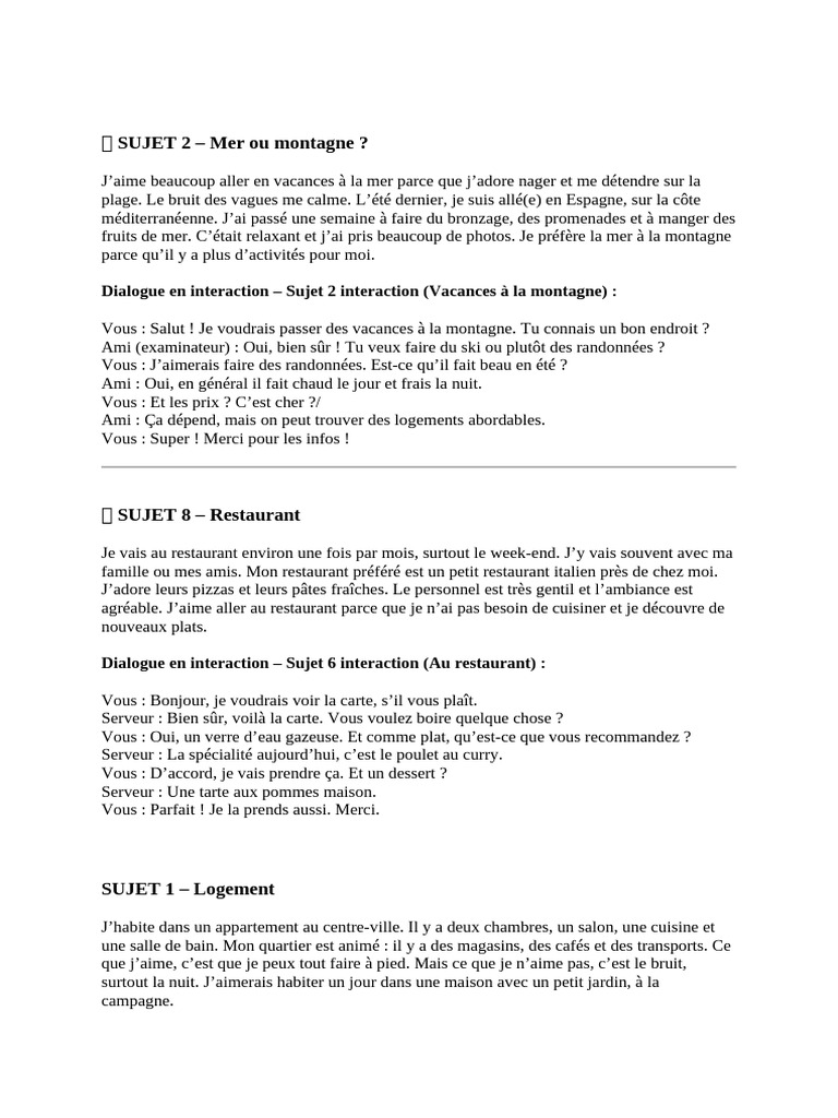 Sujets Pour La Production Orale Du Delf A2 | PDF | Restaurants | Chiens