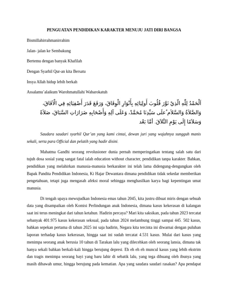 PENGUATAN PENDIDIKAN KARAKTER MENUJU JATI DIRI BANGSA Pi Sakti | PDF