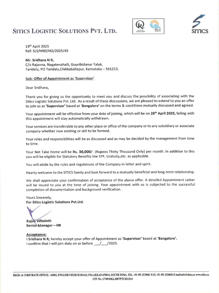 Offer Letter - Sridhara N R - Supervisor - E Commerce - Bangalore | PDF