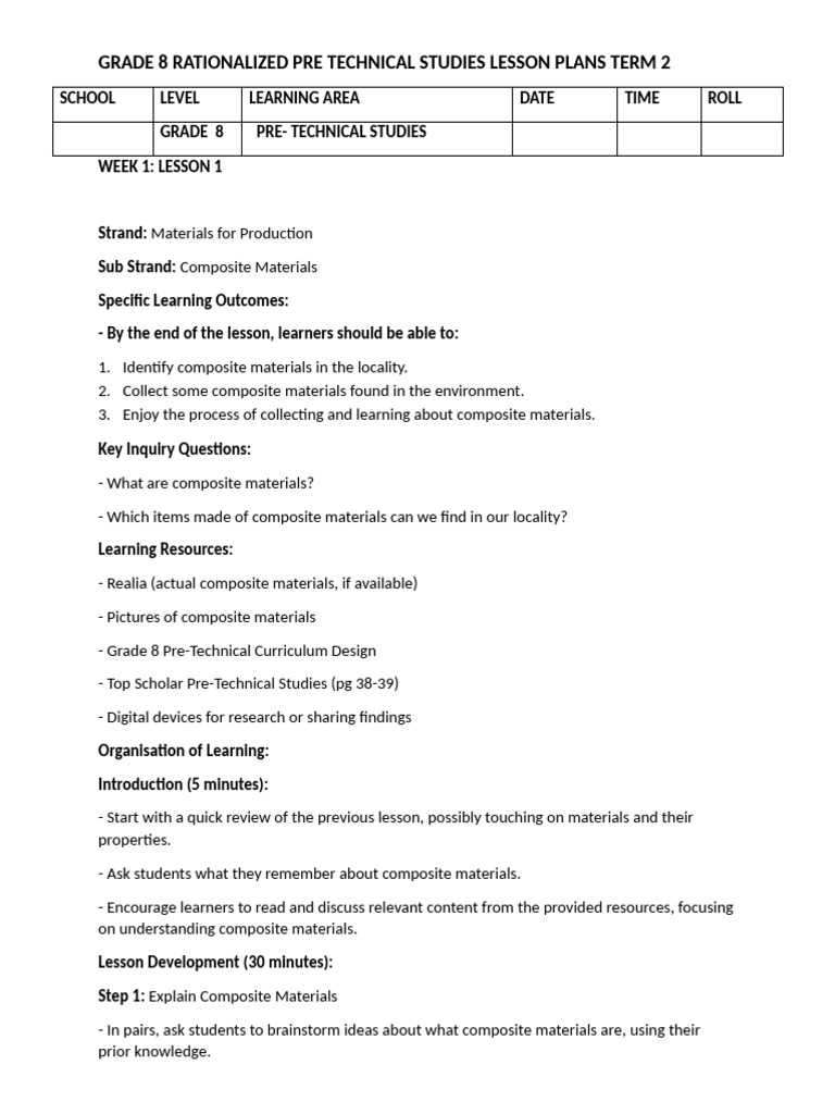 Grade 8 Term 2 Pretechnical Studies Lesson Plans | PDF | Learning ...