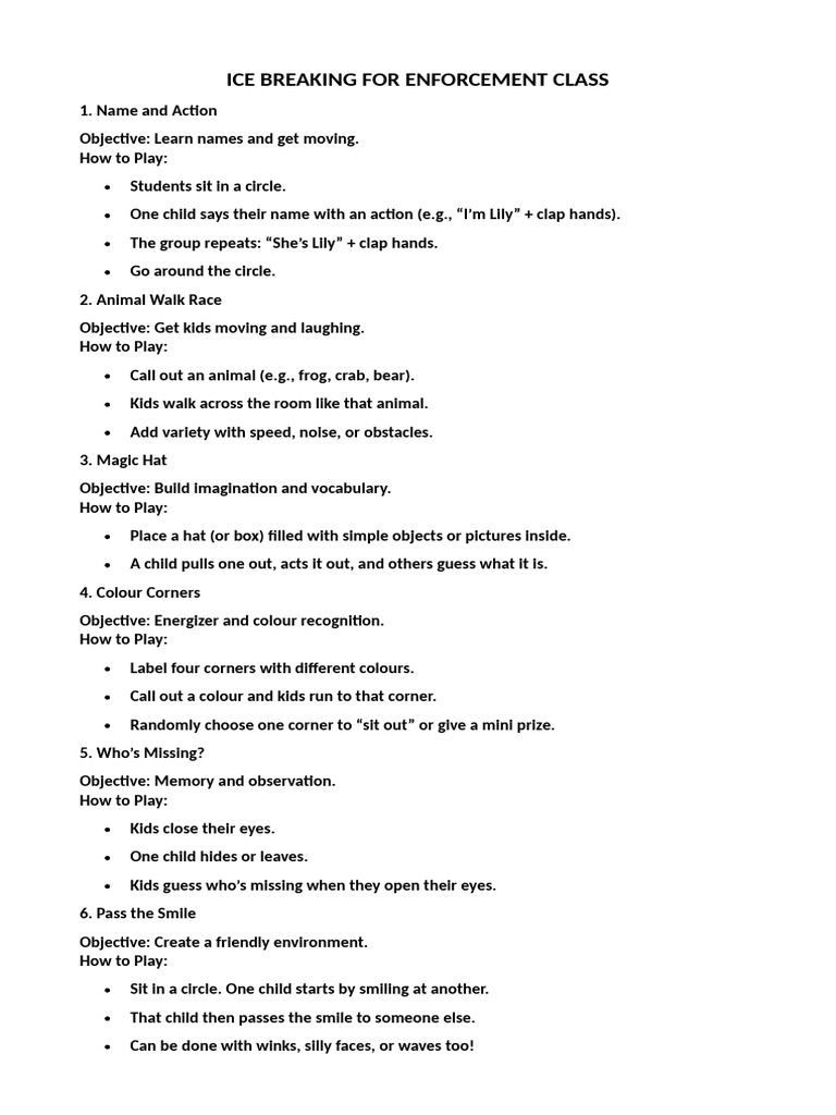 Fun Ice Breakers for Kids' Classes | PDF