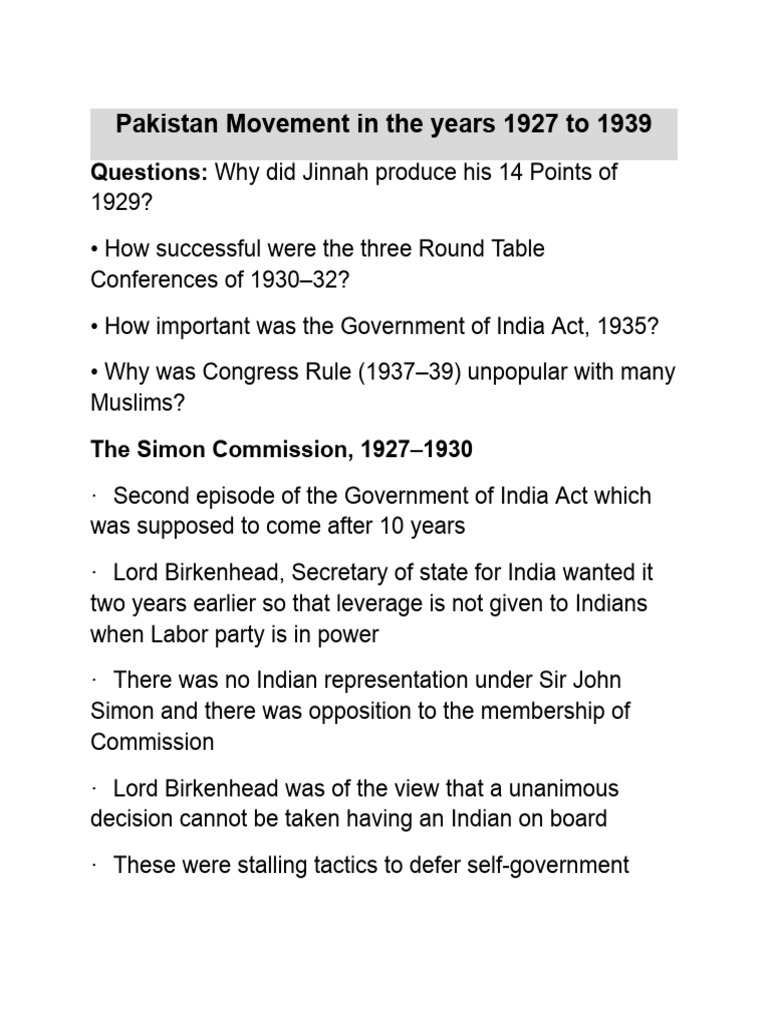 Pakistan Movement: 1927-1939 Overview | PDF | Muhammad Ali Jinnah ...