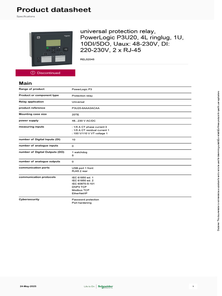 Schneider Electric - PowerLogic-P3-Protection-Relays - REL52045 | PDF | Ac Power | Power Supply