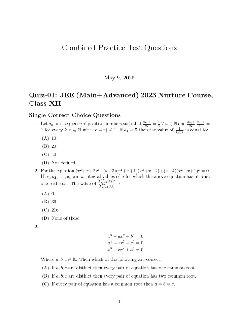 Combined Practice Test Questions: Quiz-01: JEE (Main+Advanced) 2023 ...