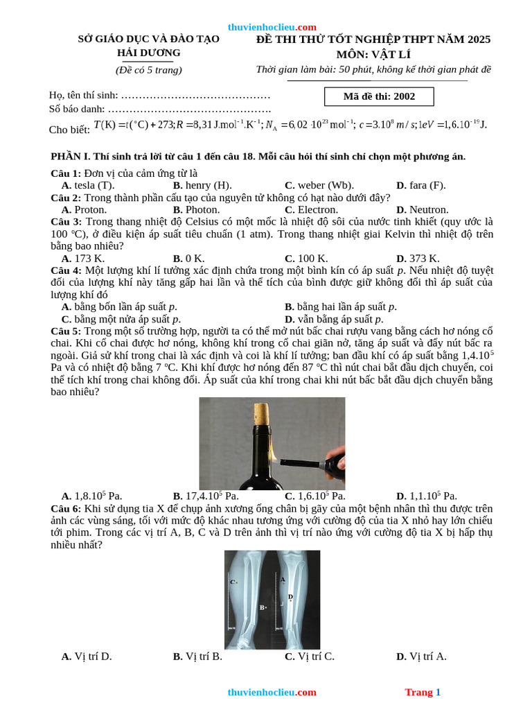De Thi Thu TN 2025 Vat Li So GD Hai Duong | PDF