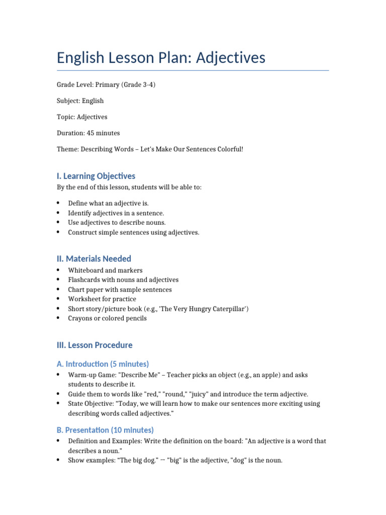 Primary English Lesson Plan Adjectives | PDF | Adjective | English Language