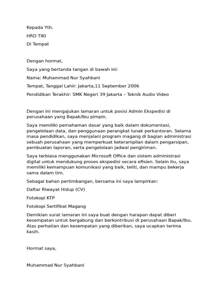 Surat Lamaran - Admin Ekspedisi-Muhammad Nur Syahbani | PDF
