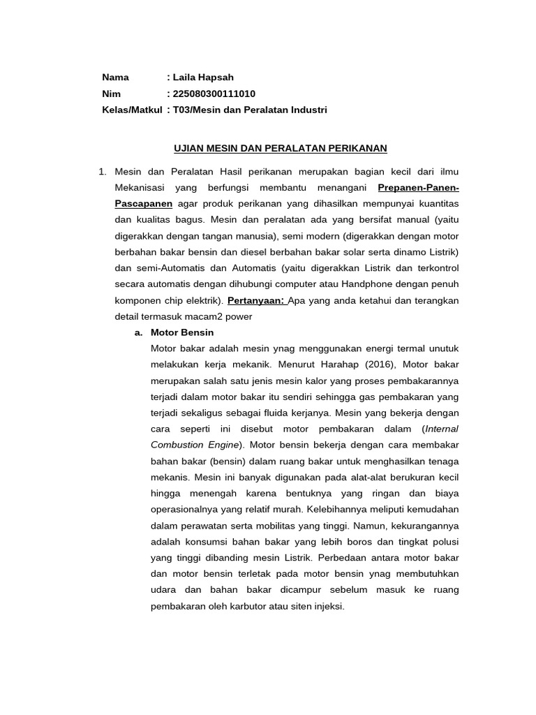 Ujian Mesin Dan Peralatan Perikanan 1 | PDF