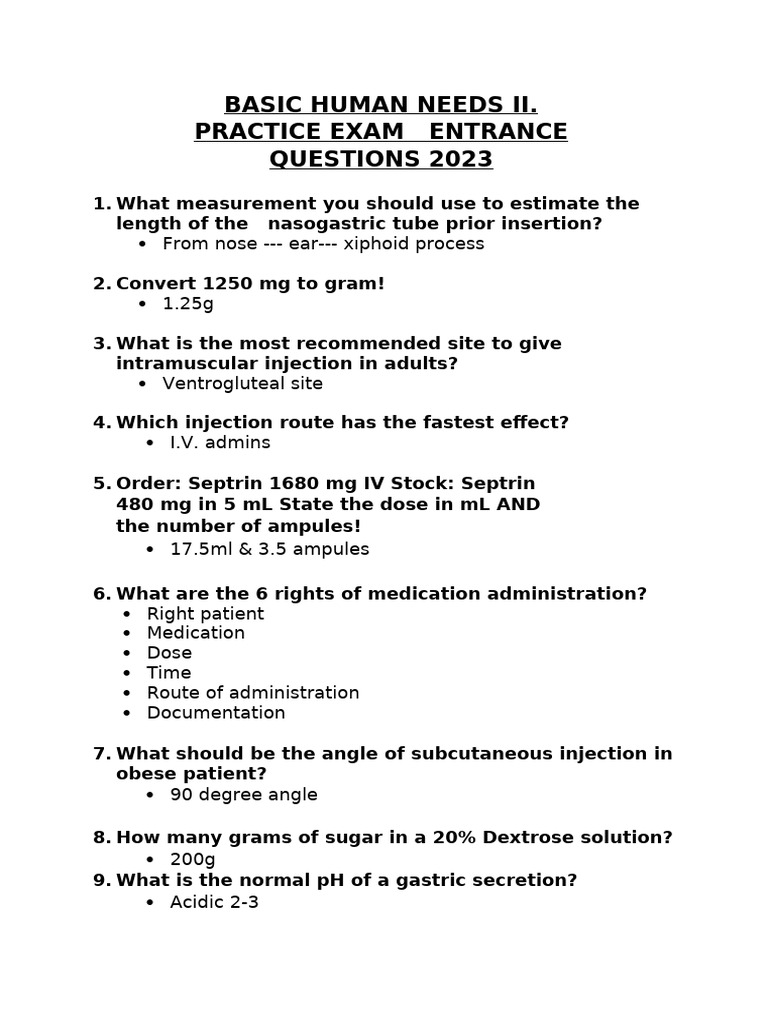 BHN II - Theory Entrance Exam Answers | PDF | Injection (Medicine) | Diarrhea