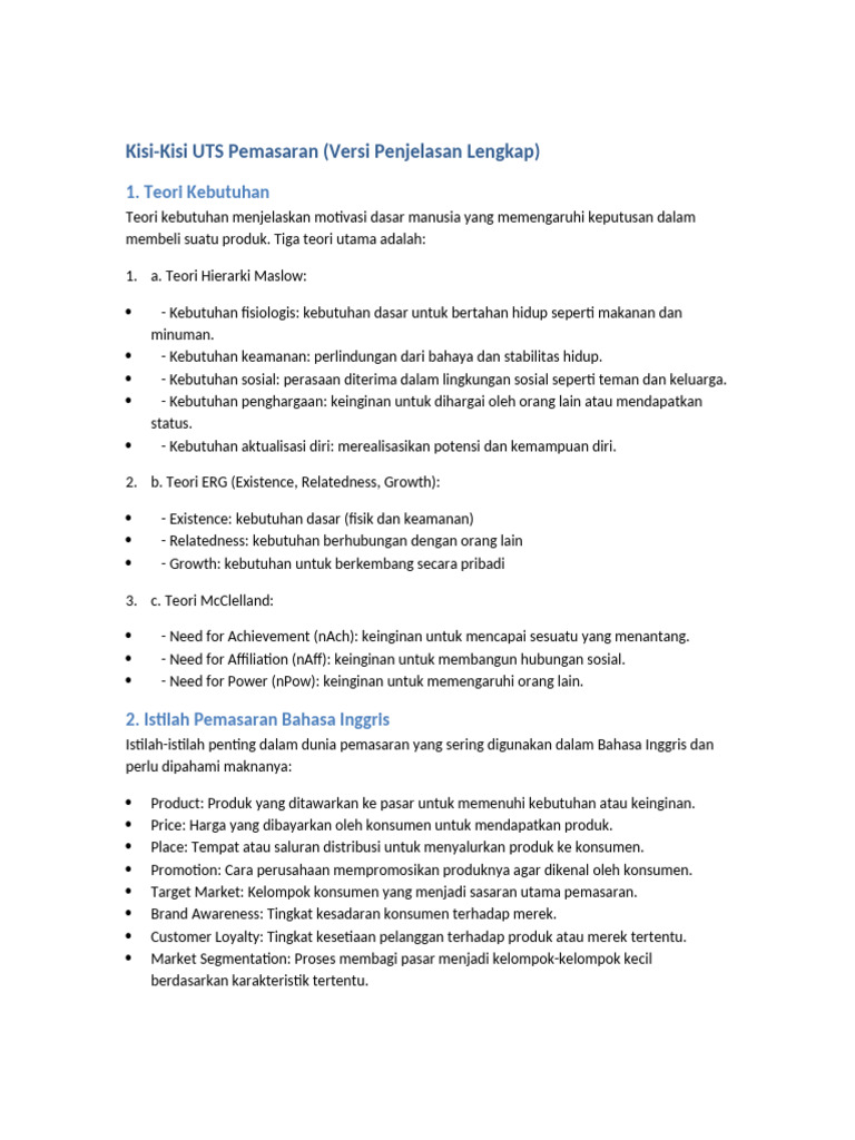 Kisi-Kisi UTS Pemasaran Lengkap | PDF
