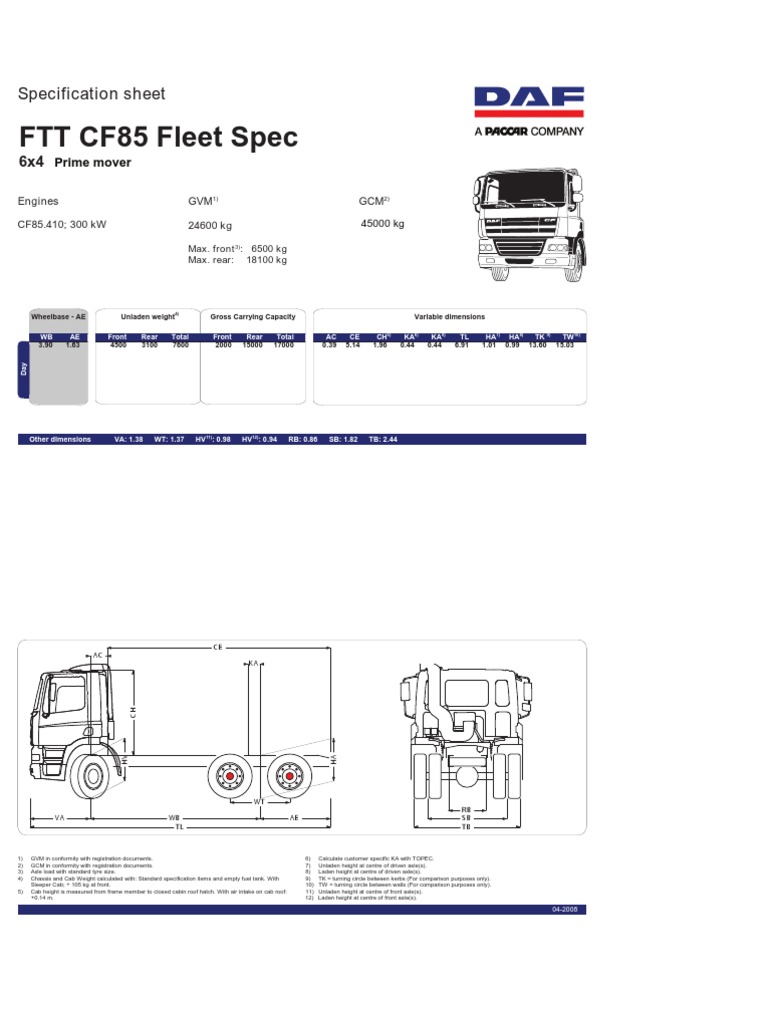 Specification Sheet for a DAF CF85 Fleet Prime Mover with Technical ...