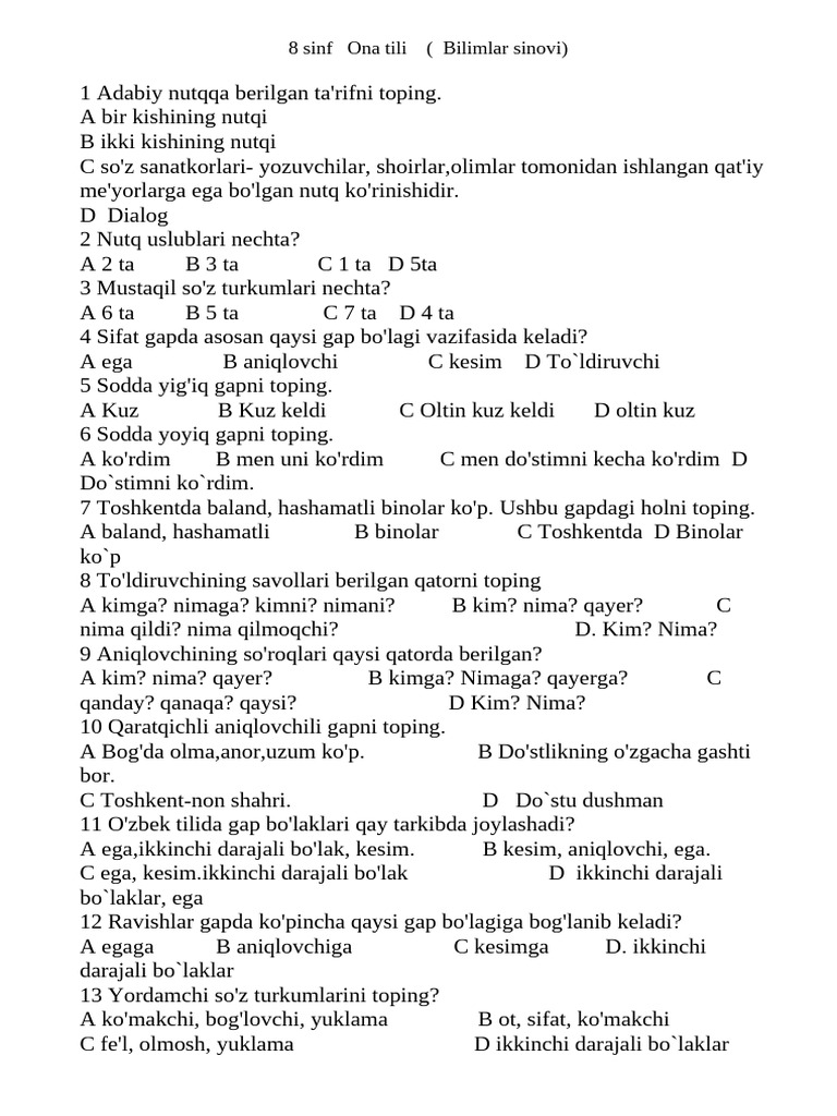 8 Sinf Ona Tili I | PDF