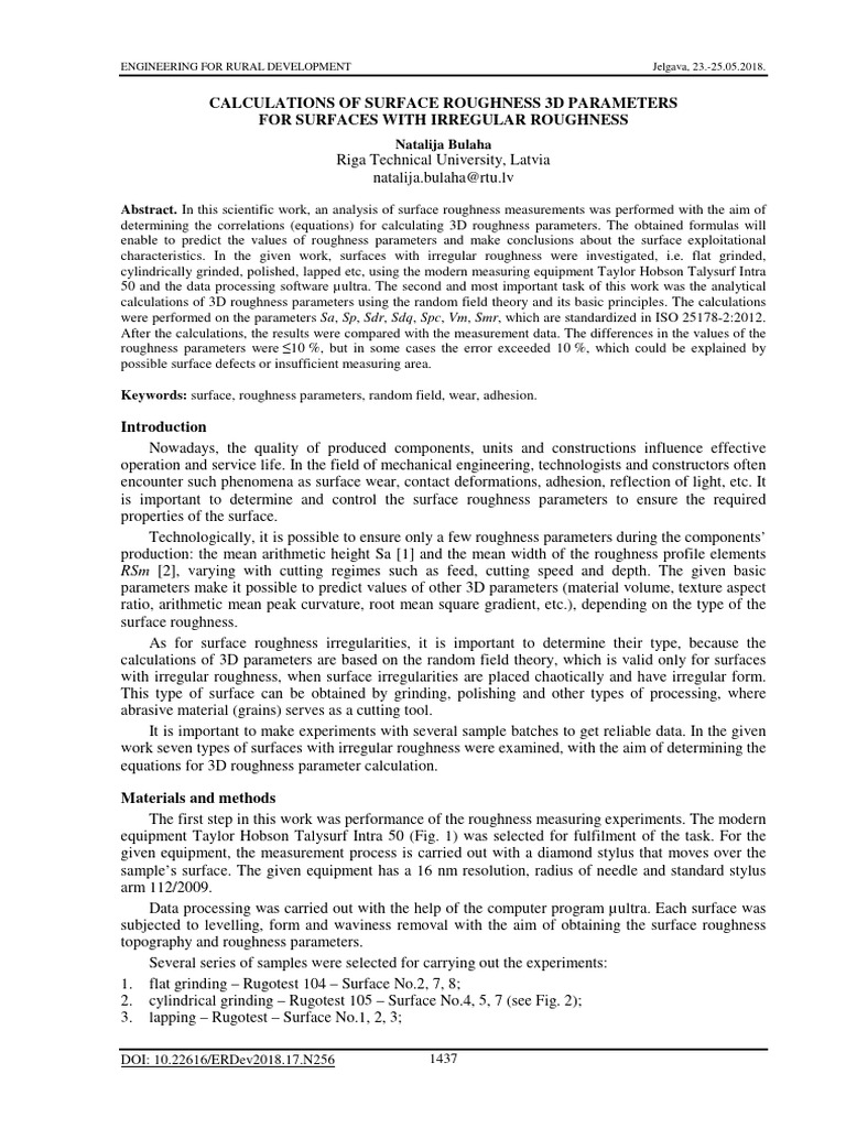 Calculations Of Surface Roughness 3d Parameters For Surfaces With