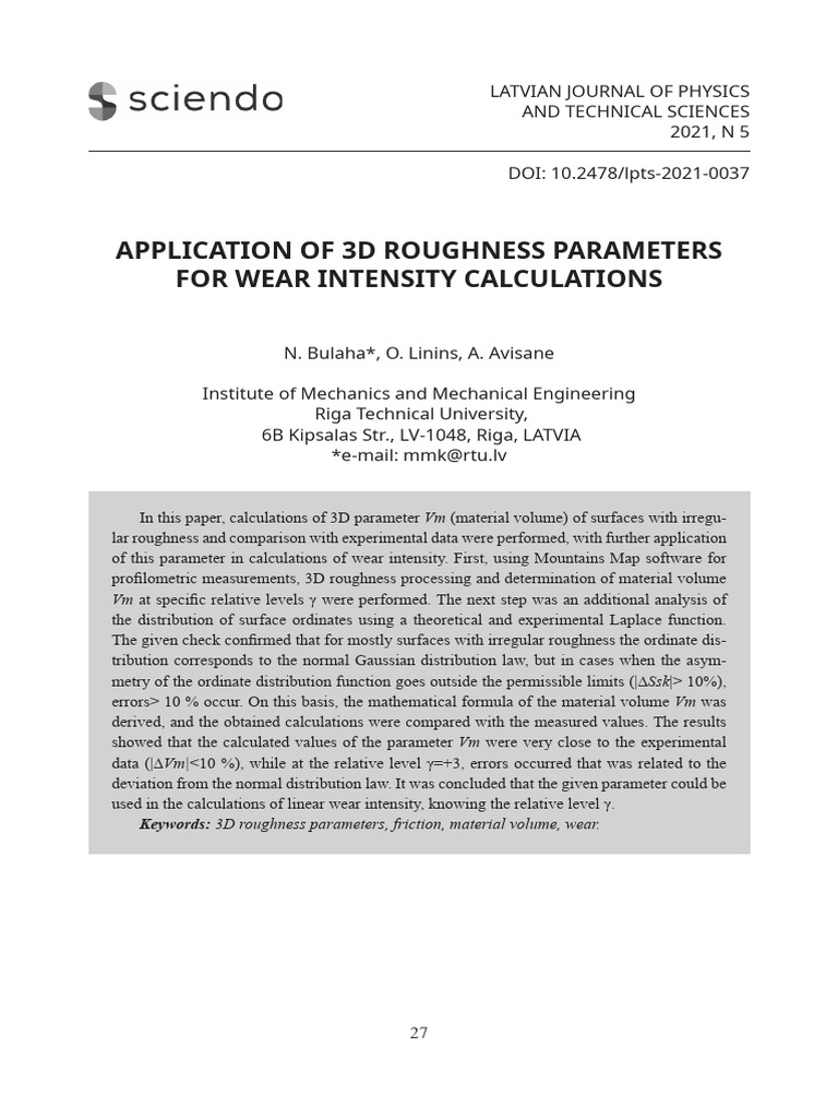 Application of 3d Roughness Parameters | PDF | Surface Roughness | Elasticity (Physics)
