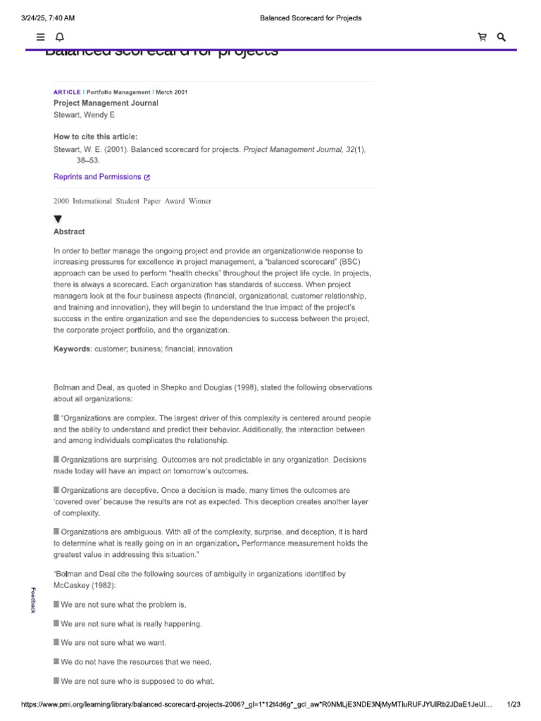 Balanced Scorecard For Projects | PDF