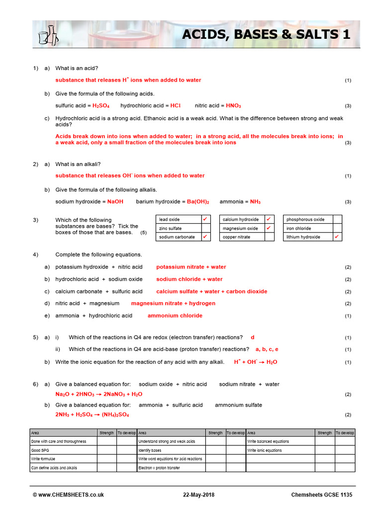 Chemsheets GCSE 1135 (Acids, Bases and Salts 1) ANS | PDF | Acid ...